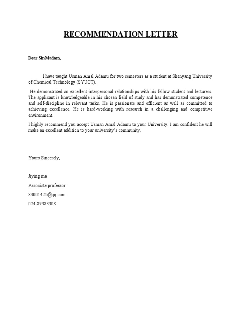 Recommendation Letter: Dear Sir/Madam | PDF