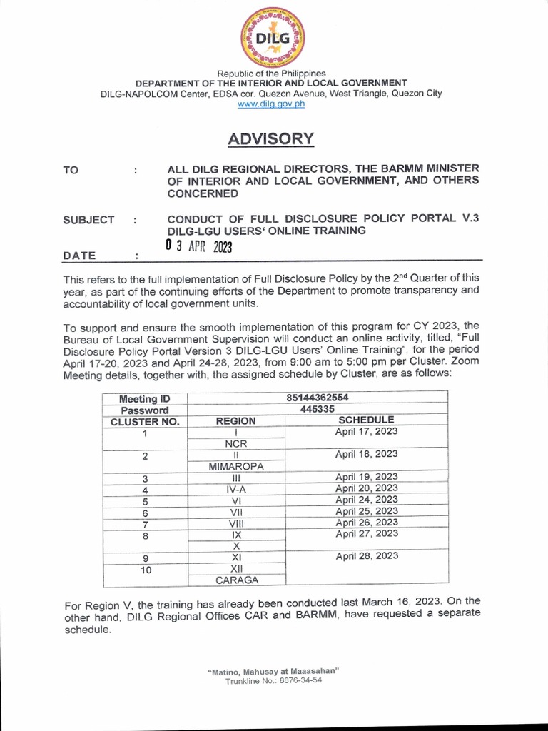 BLGS 2023 03 29 012 Advisory To All DILG and LGU FPs Re - FDP Portal V ...