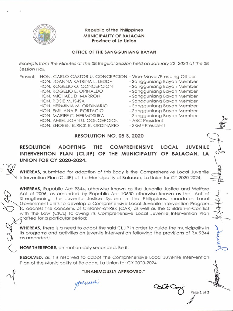 Resolution No. 05 S. 2020 - Adopting The Comprehensive Local Juvenile Intervention Plan of ...