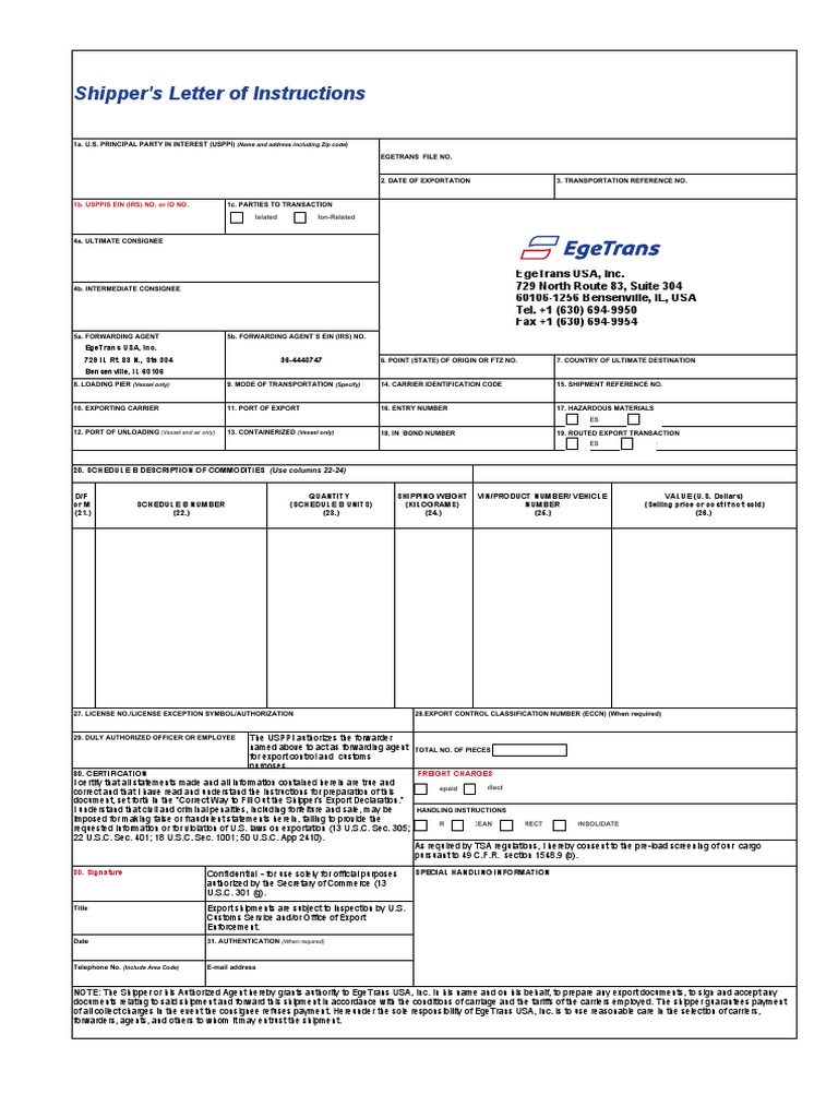 EgeTrans Shippers Letter of Instruction | PDF | Freight Transport ...
