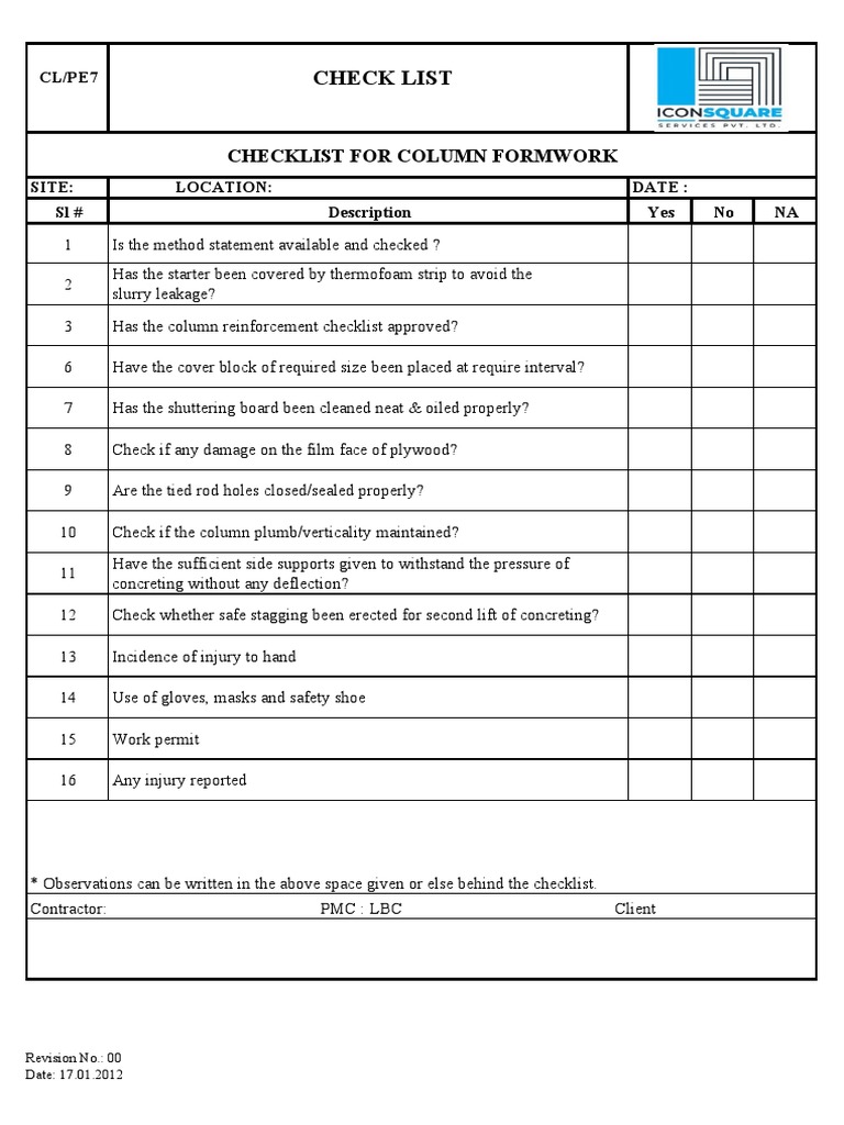 Check List: Checklist For Column Formwork | PDF