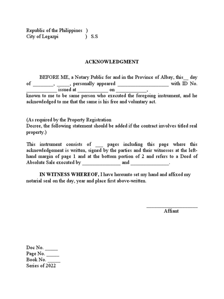 Notarized Acknowledgment for Deed of Sale | PDF | Finance & Money ...