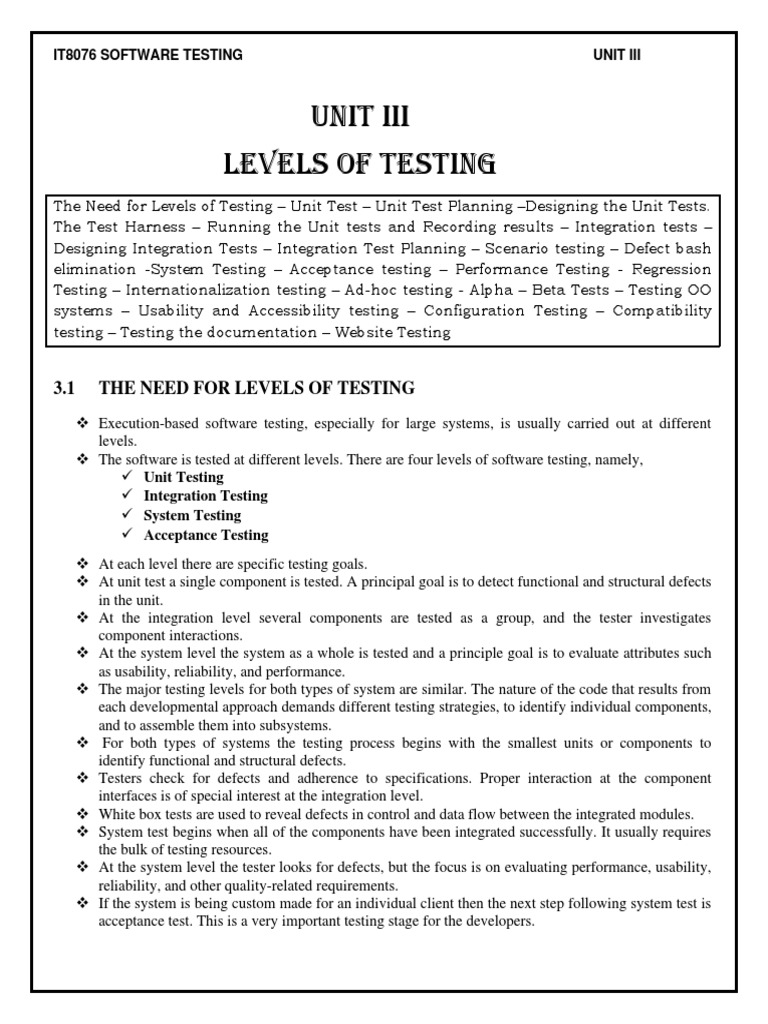 Unit Iii Levels of Testing | PDF | Software Testing | Information Security