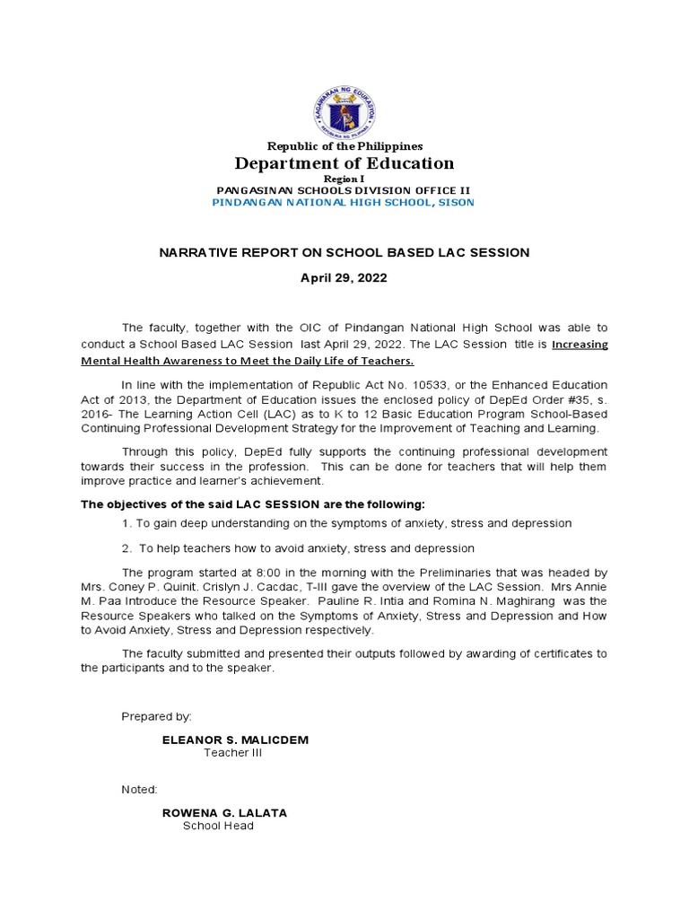 Narrative Report On Lac April | PDF