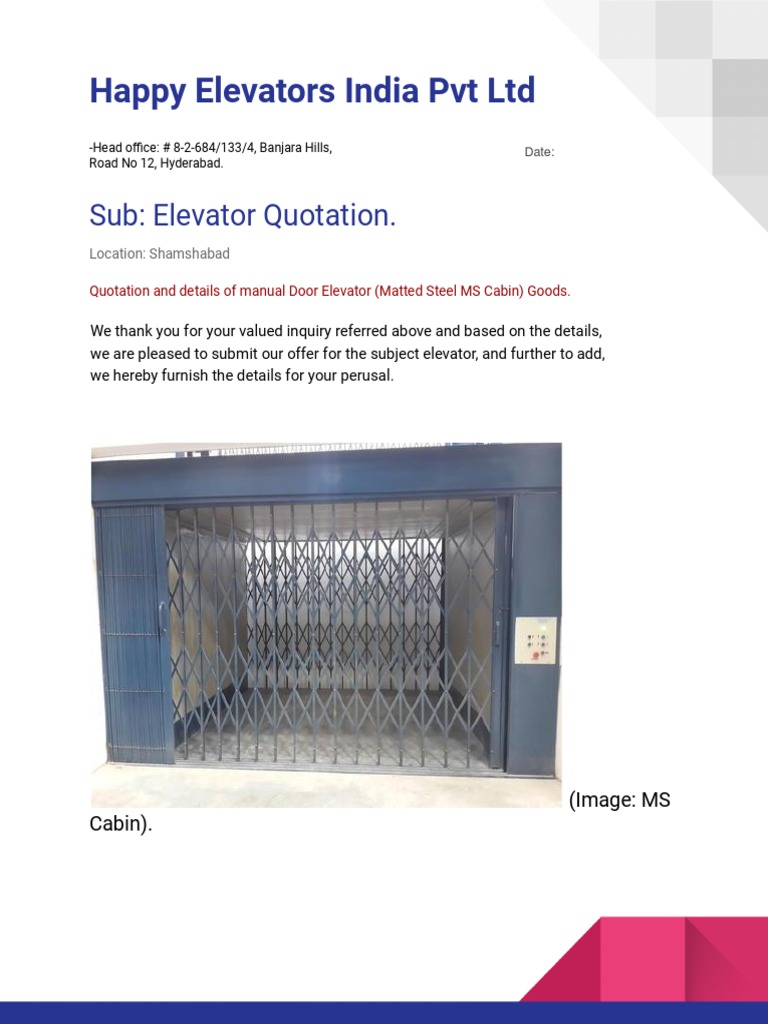 Happy Elevators India PVT LTD: Sub: Elevator Quotation | PDF | Elevator ...
