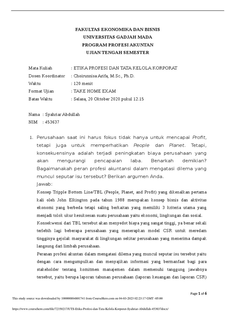 UTS Etika Profesi Dan Tata Kelola Korporat Syahriar Abdullah 453637 | PDF