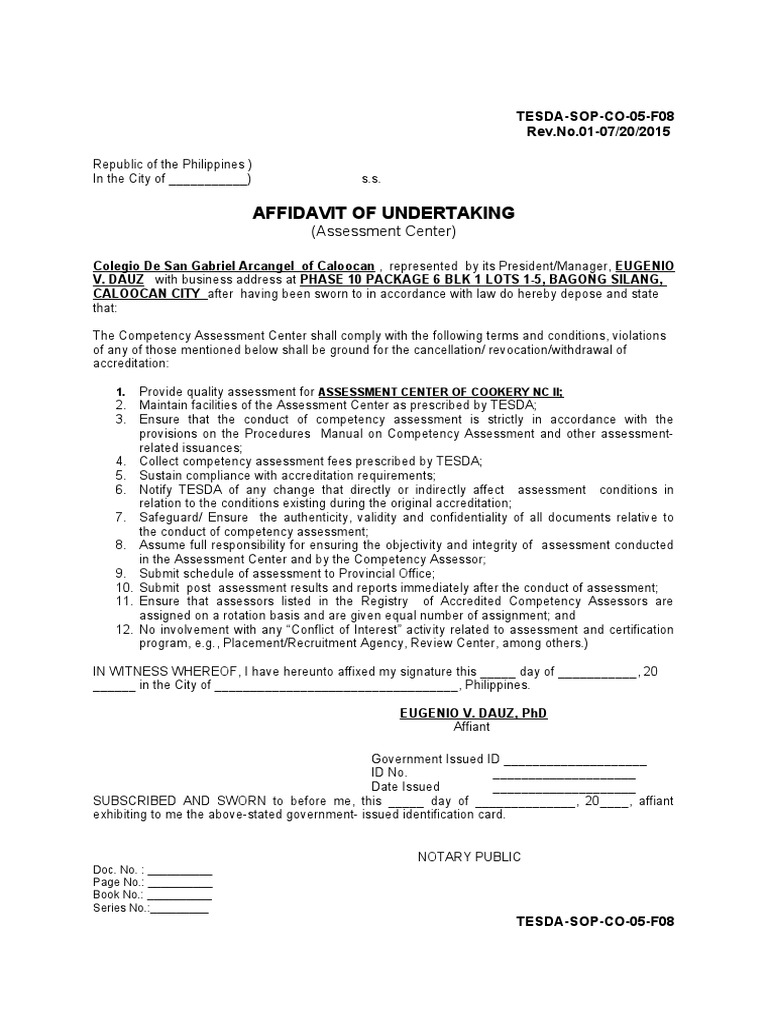 Affidavit of Undertaking: (Assessment Center) | PDF | Affidavit ...
