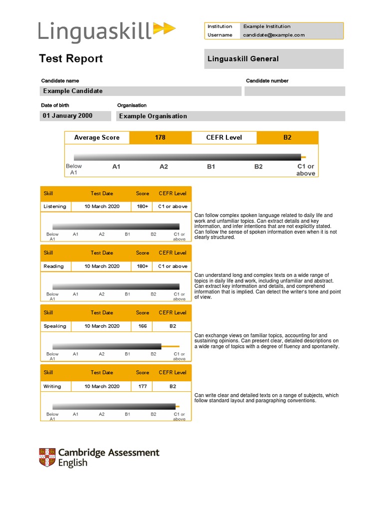 Linguaskill Test Report Form For Individual Candidate | PDF | Second ...