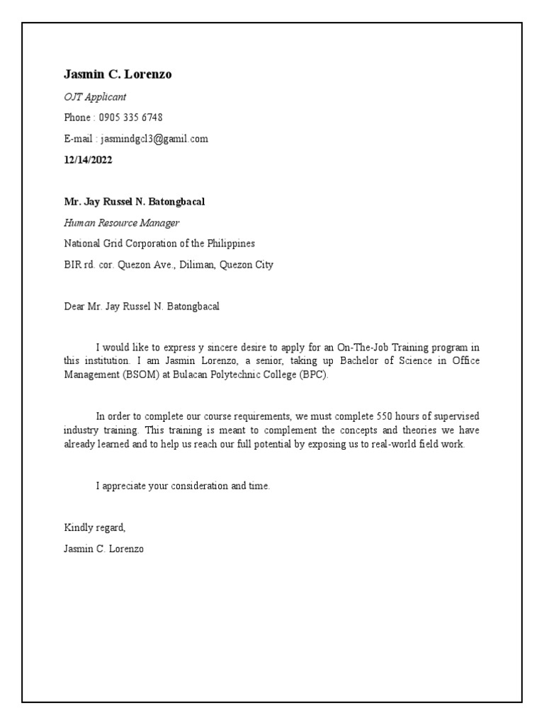 Jasmin C. Lorenzo: OJT Applicant | PDF