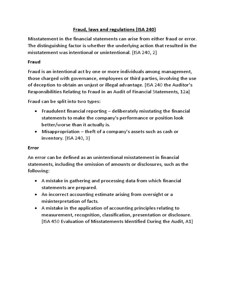 Fraud, Laws and Regulations (ISA 240) | PDF | Audit | Financial Audit