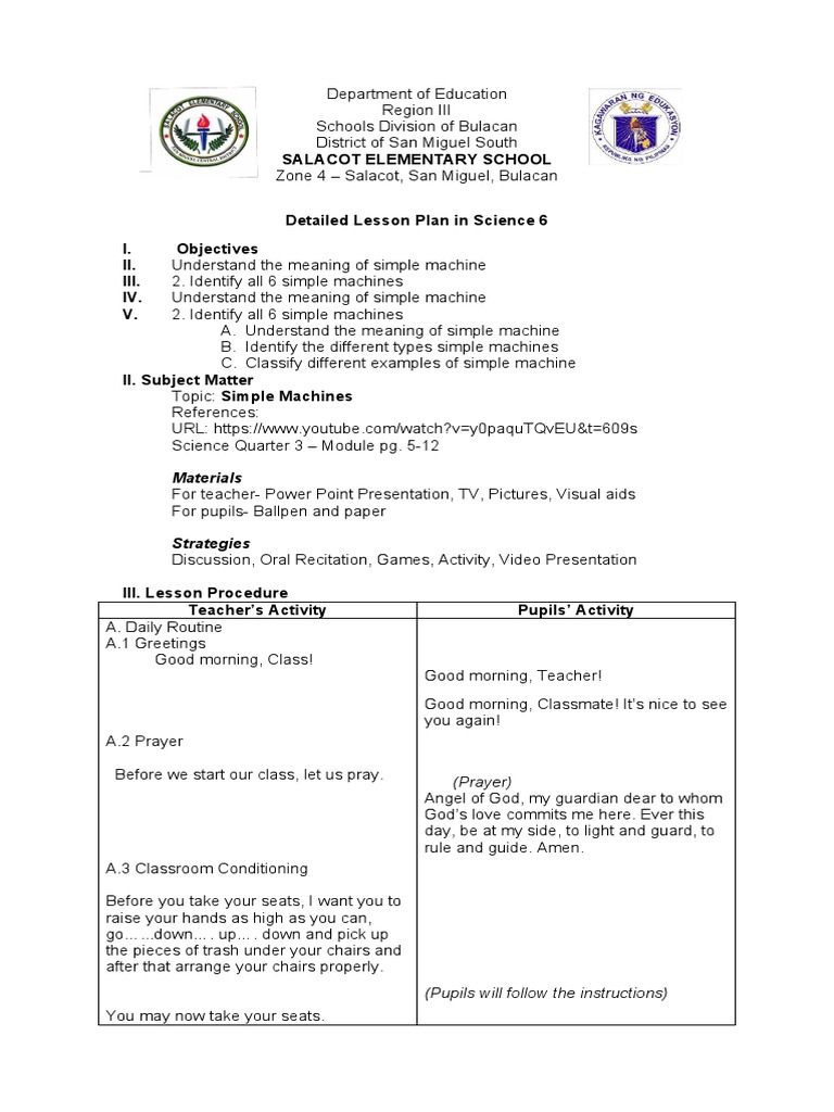 Grade 6 Simple Machines Lesson Plan | PDF