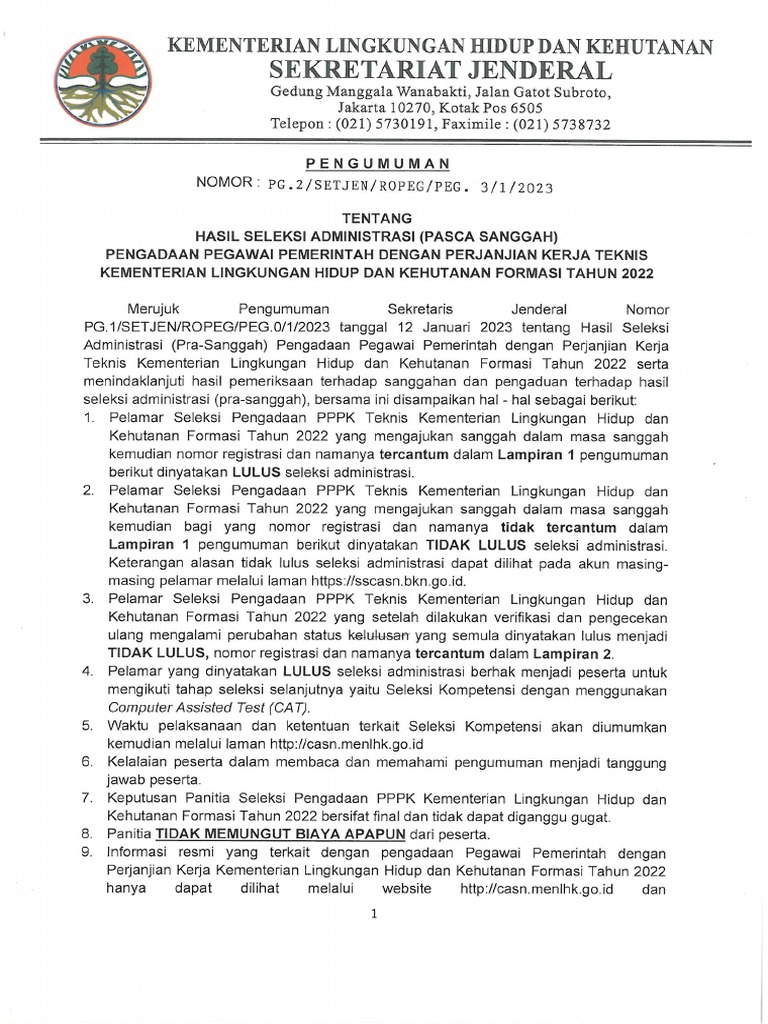 Pengumuman Hasil Seleksi Administrasi (Pasca-Sanggah) PPPK Teknis KLHK Formasi Tahun 2022 | PDF