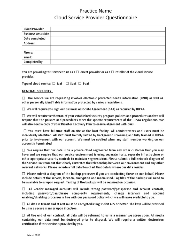 Cloud Service Provider Questionnaire Security Requirements | PDF ...
