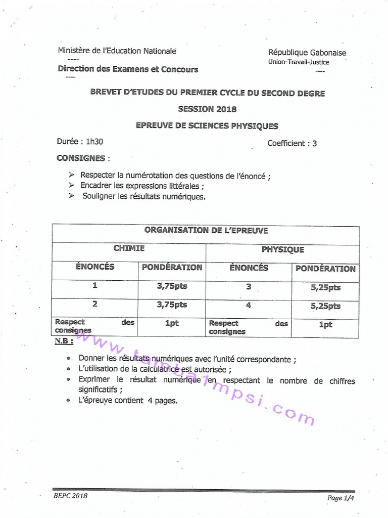 Bepc Gabon SC - Physiques 2018 | PDF