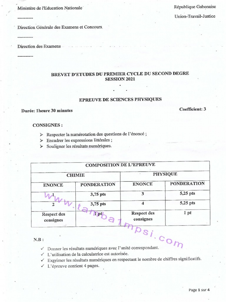 Bepc Gabon SC - Physiques 2021 | PDF