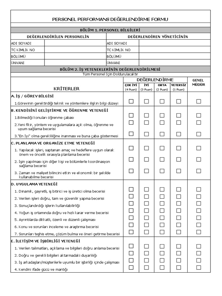 Personel Performans Değerlendirme Formu | PDF