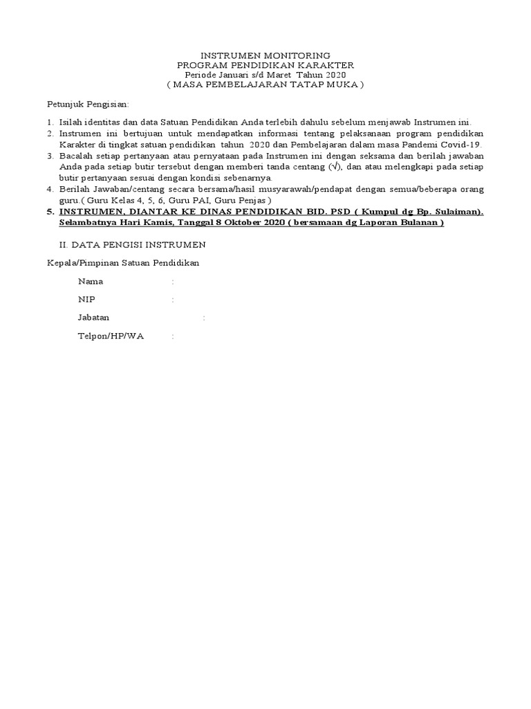 Instrumen Monitoring Program Pendidikan Karakter 2020 | PDF | Karier & Perkembangan | Kesehatan ...