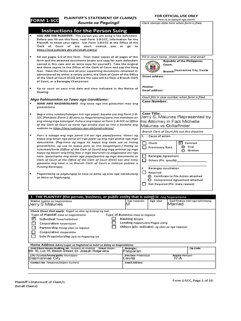 Instructions For The Person Suing: Form 1 SCC | PDF