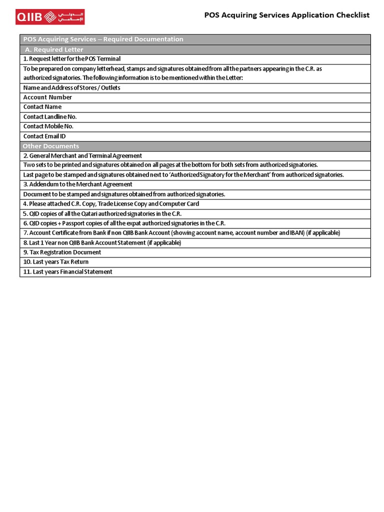 POS Acquiring Services Checklist | PDF