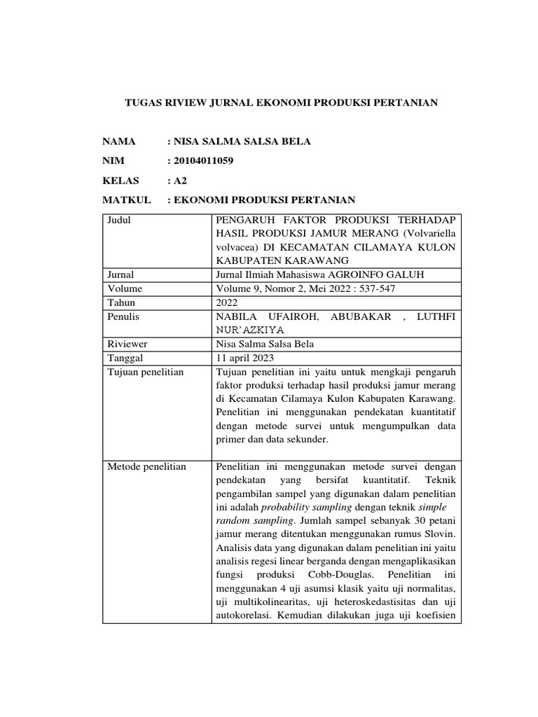 Tugas Pengganti Kuliah Epp - A2 - Riview Jurnal Ekonomi Produksi Pertanian - Nisa Salma Salsa ...