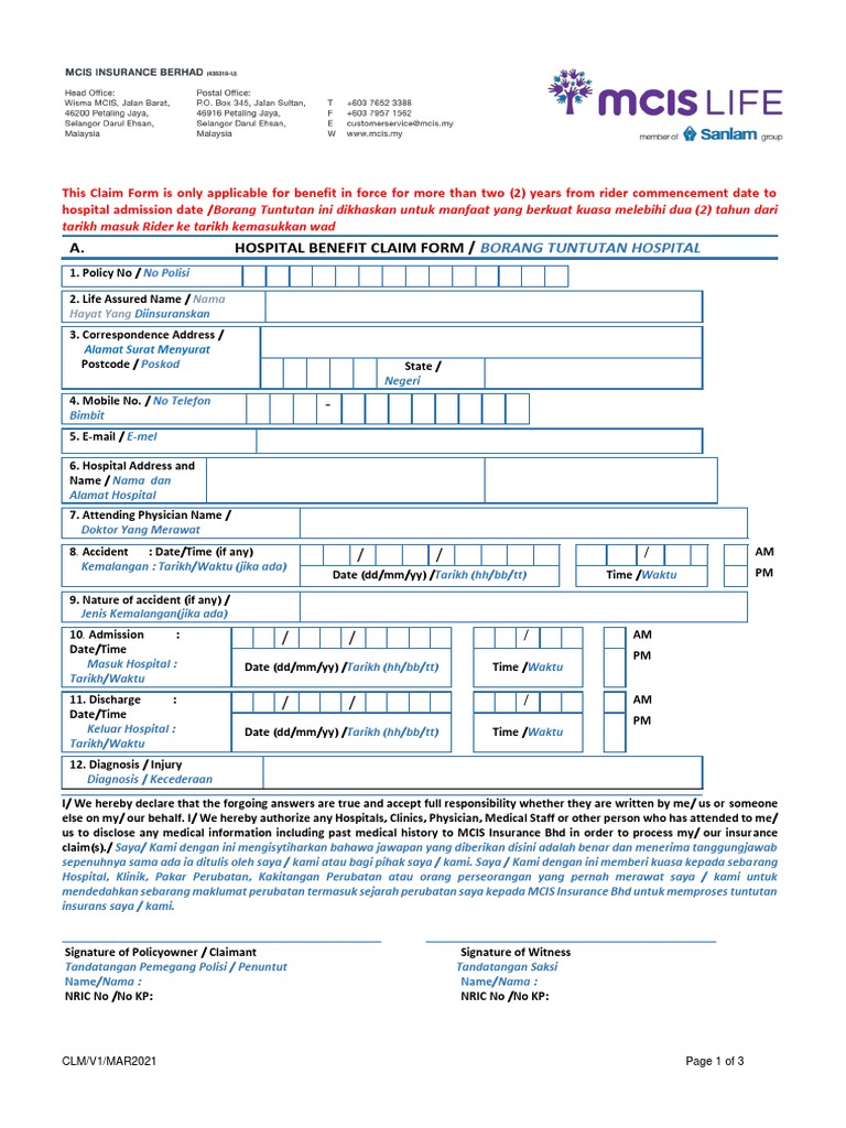 HOSPITAL BENEFIT CLAIM FORM | PDF