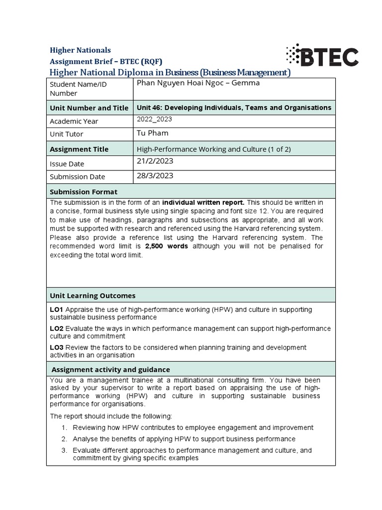 High-Performance Working Assignment Brief | PDF | Human Resources ...