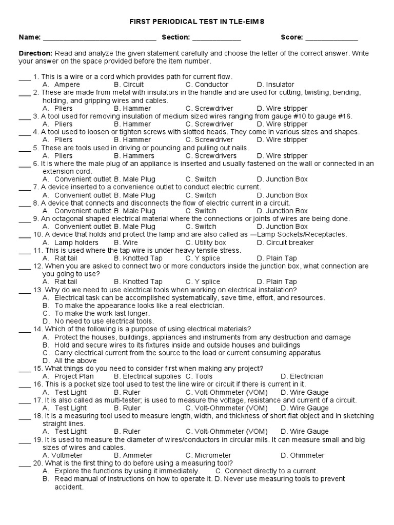First Periodical Test in Tle | PDF | Electrical Connector | Wire