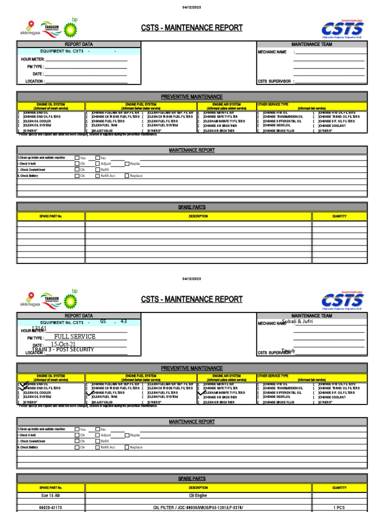 2. Maintenance Report (Form) Rev.03 JOHAN (1) | PDF | Oil | Valve
