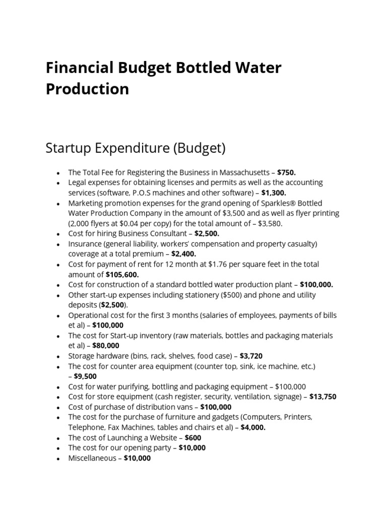 Bottled Water Startup Budget Overview | PDF | Expense | Insurance