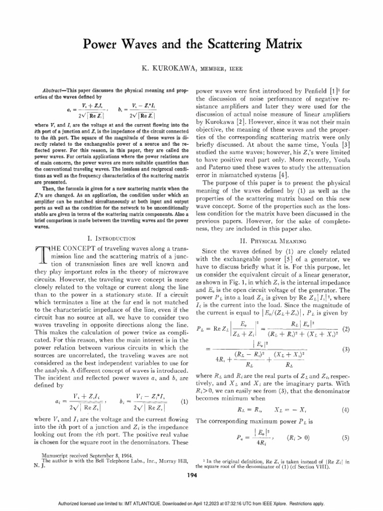 Power Waves and The Scattering Matrix | PDF | Electrical Engineering ...
