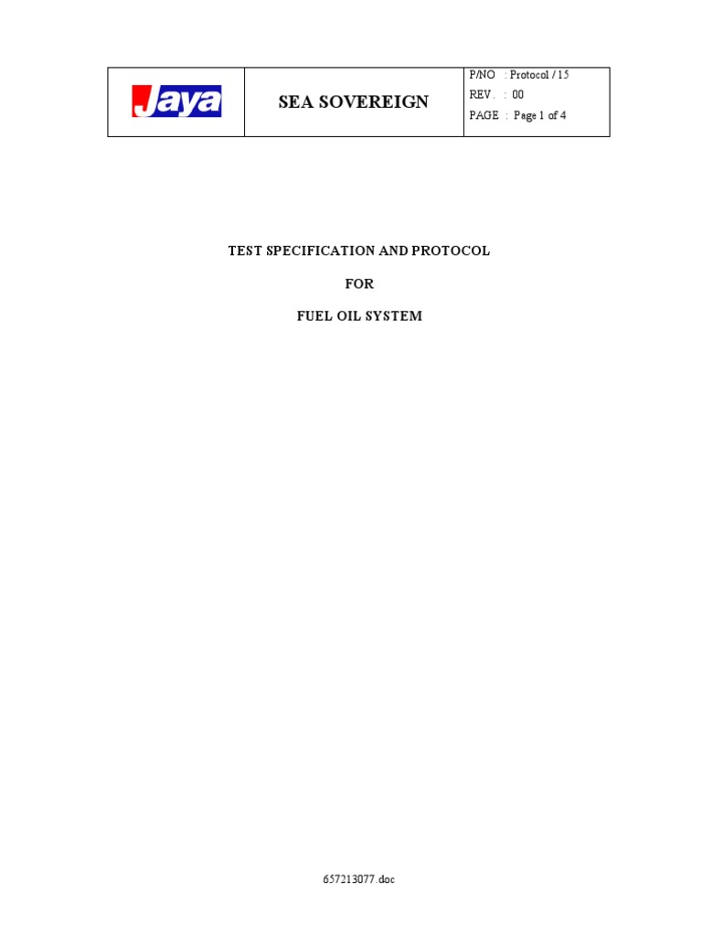 Sea Sovereign: Test Specification and Protocol FOR Fuel Oil System ...