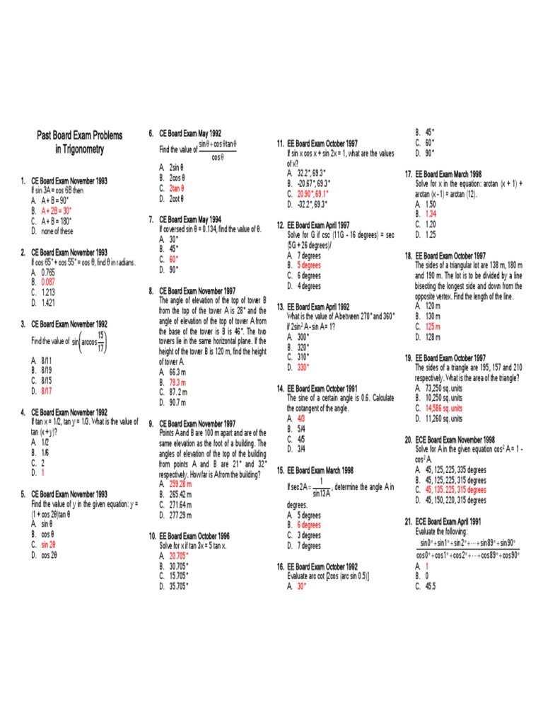 Past Board Exam (Trigonometry) | PDF | Triangle | Trigonometric Functions