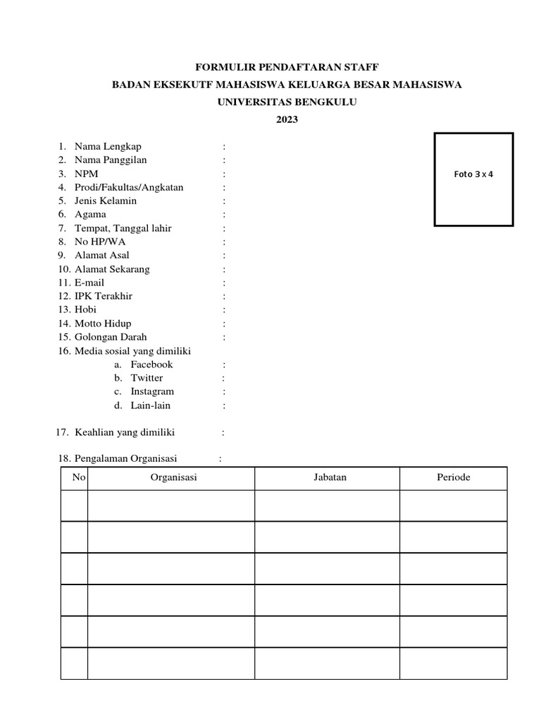Formulir Pendaftaran Staff Bem KBM Unib 2023 | PDF | Ilmu Sosial