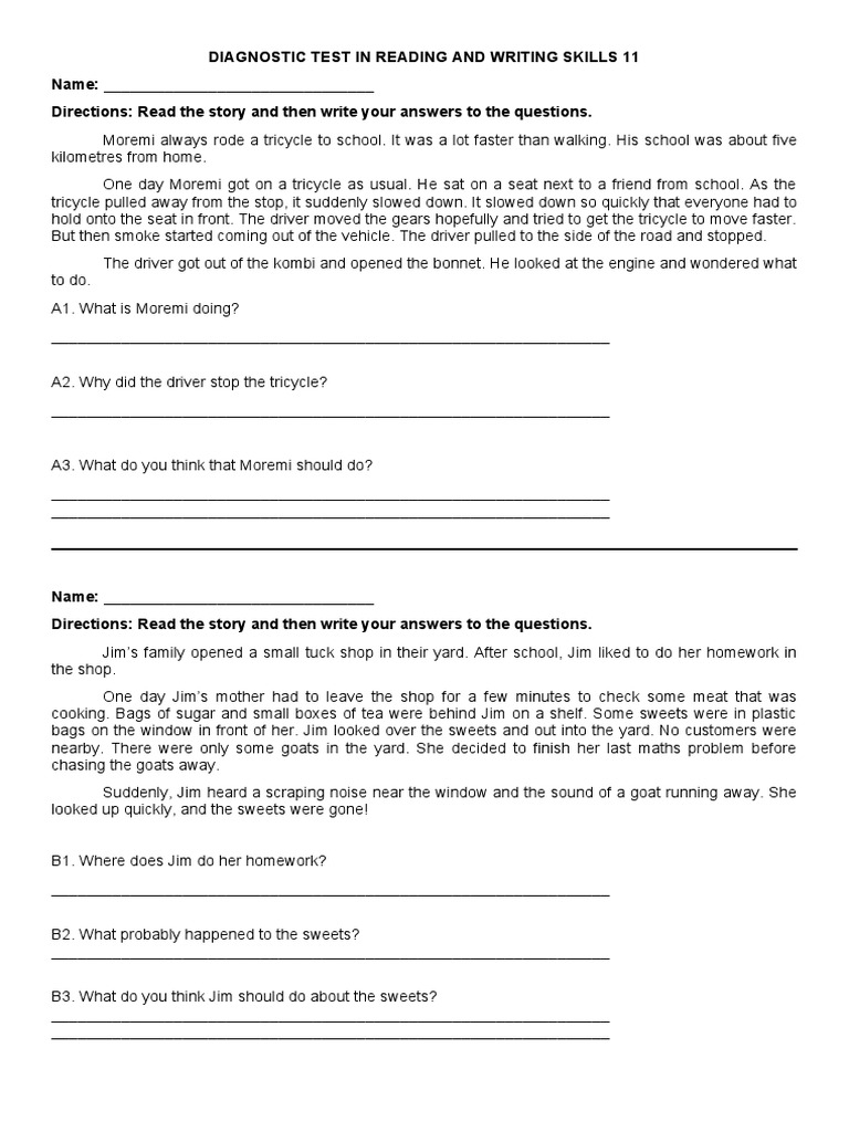 Diagnostic Test for Reading and Writing Skills | PDF | Language Arts ...