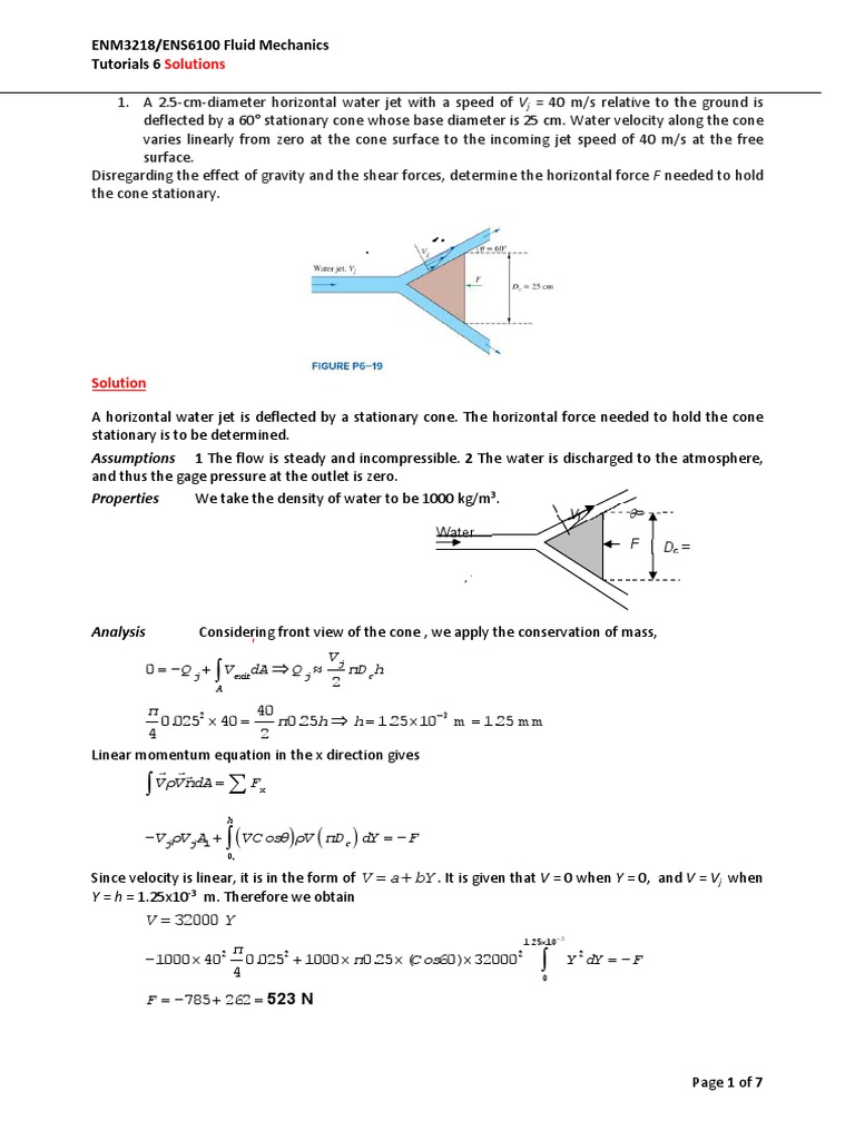 Solutions: ENM3218/ENS6100 Fluid Mechanics Tutorials 6 | PDF | Fluid Dynamics | Force