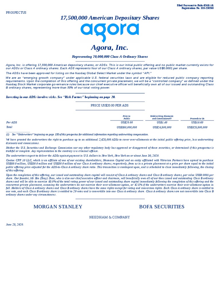Agora, Inc.: 17,500,000 American Depositary Shares | PDF | Computer ...