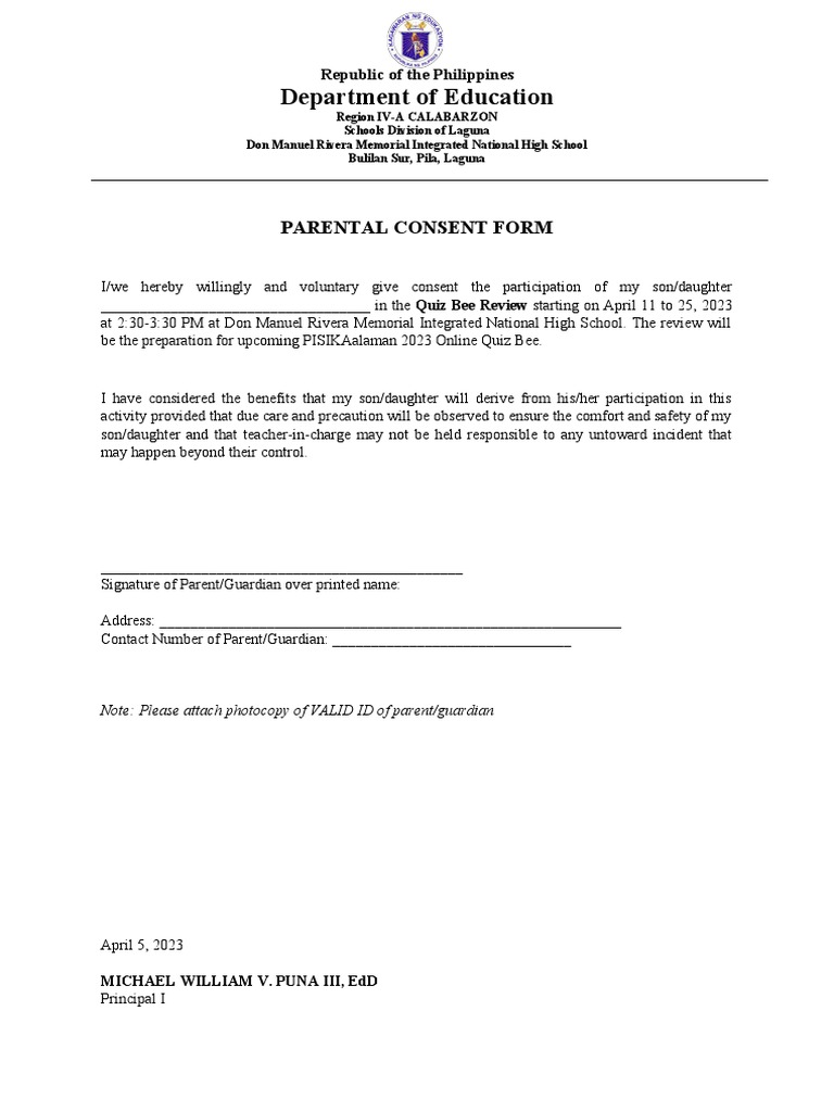 Department of Education: Parental Consent Form | PDF | Social Institutions