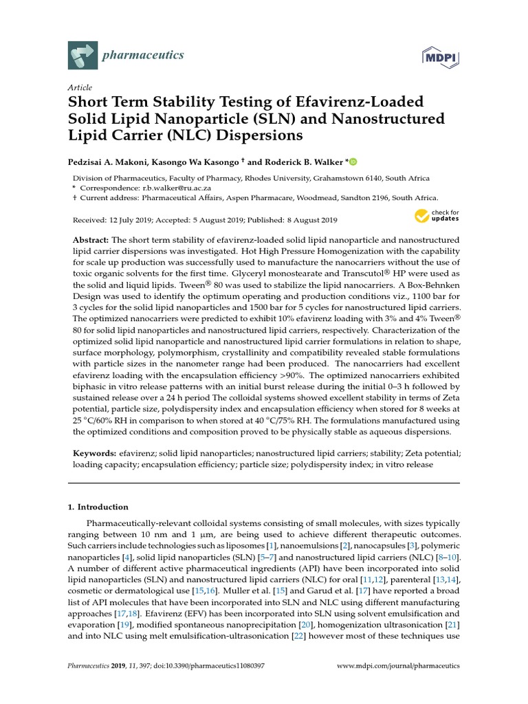 Short Term Stability Testing of Efavirenz-Loaded Solid Lipid ...