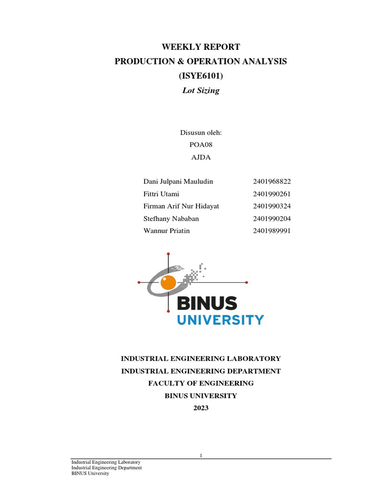 Weekly Report Production & Operation Analysis (ISYE6101) : Lot Sizing ...