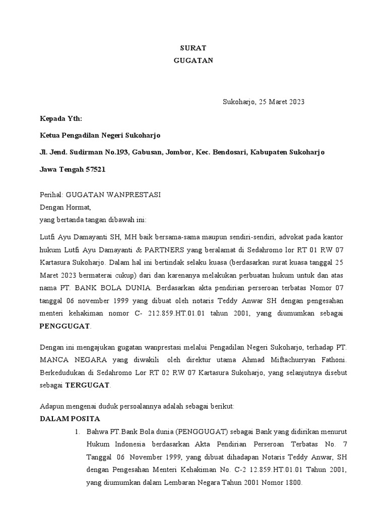 Contoh Surat Gugatan Wanprestasi Pengadilan Negeri Jakarta Selatan | PDF