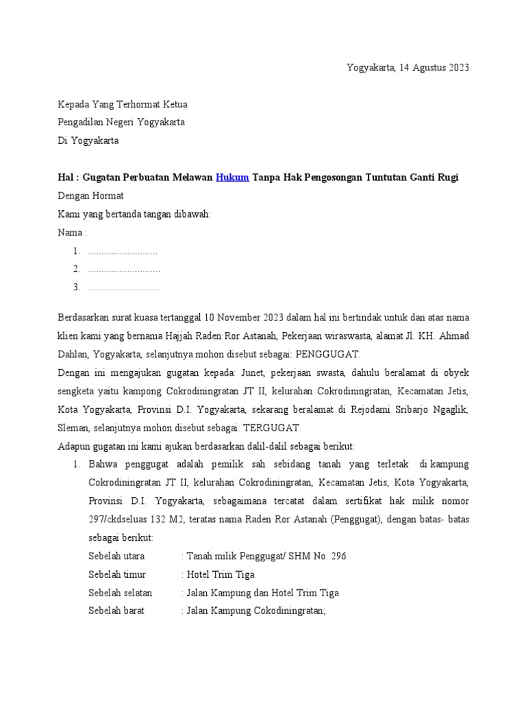 Contoh Surat Gugatan Perbuatan Melawan Hukum | PDF