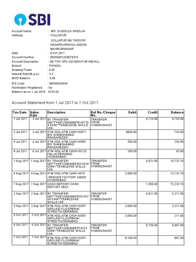 Account Statement From 1 Jul 2017 To 7 Oct 2017: TXN Date Value Date Description Ref No./Cheque ...