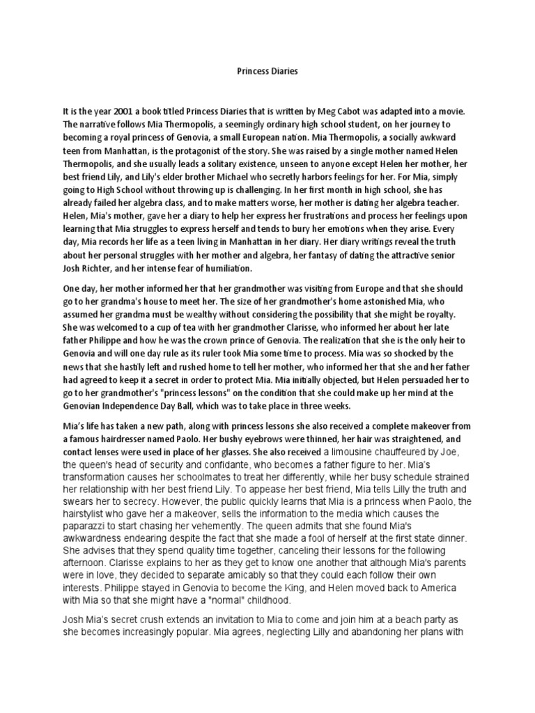 Mias Journey To Becoming A Princess A Summary Of The Plot Of Princess Diaries Pdf The