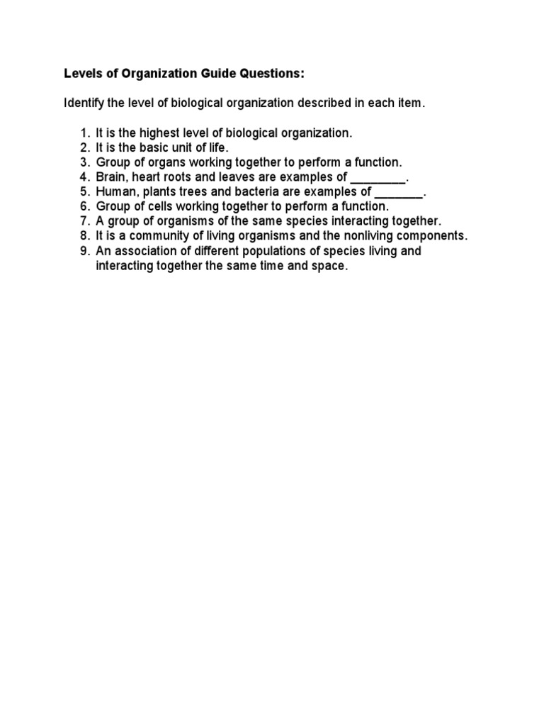 Levels of Organization Guide Questions | PDF