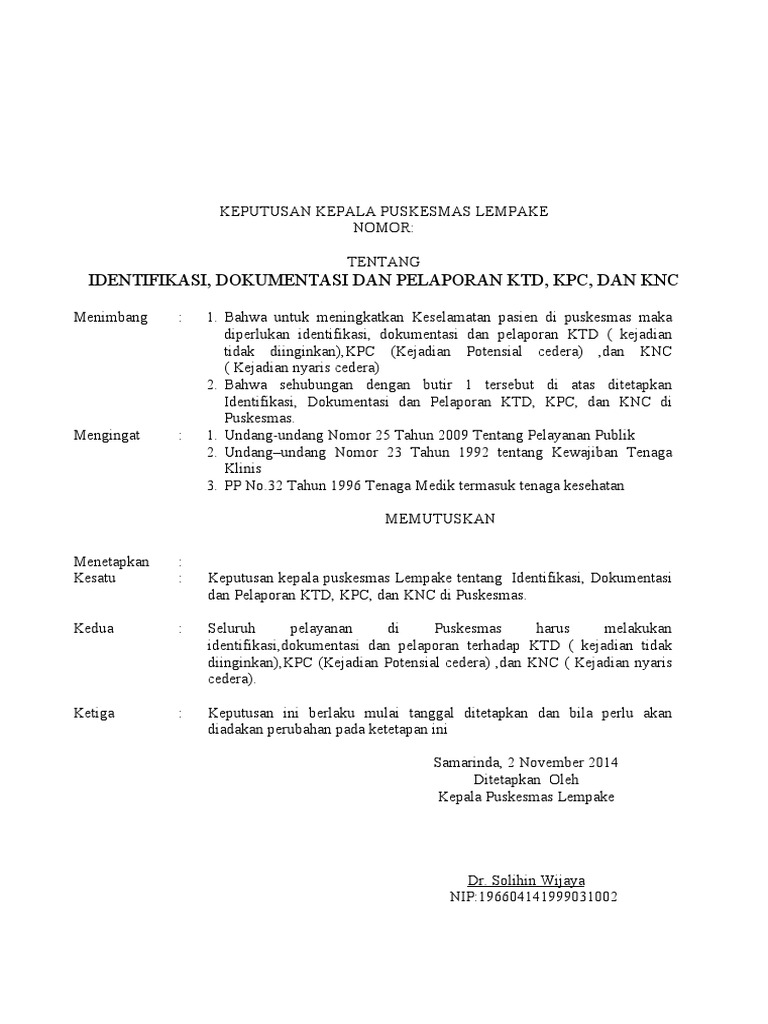 9.1 SK Identifikasi Dokumentasi Dan Pelaporan Kasus KTD, KPC, KMC | PDF