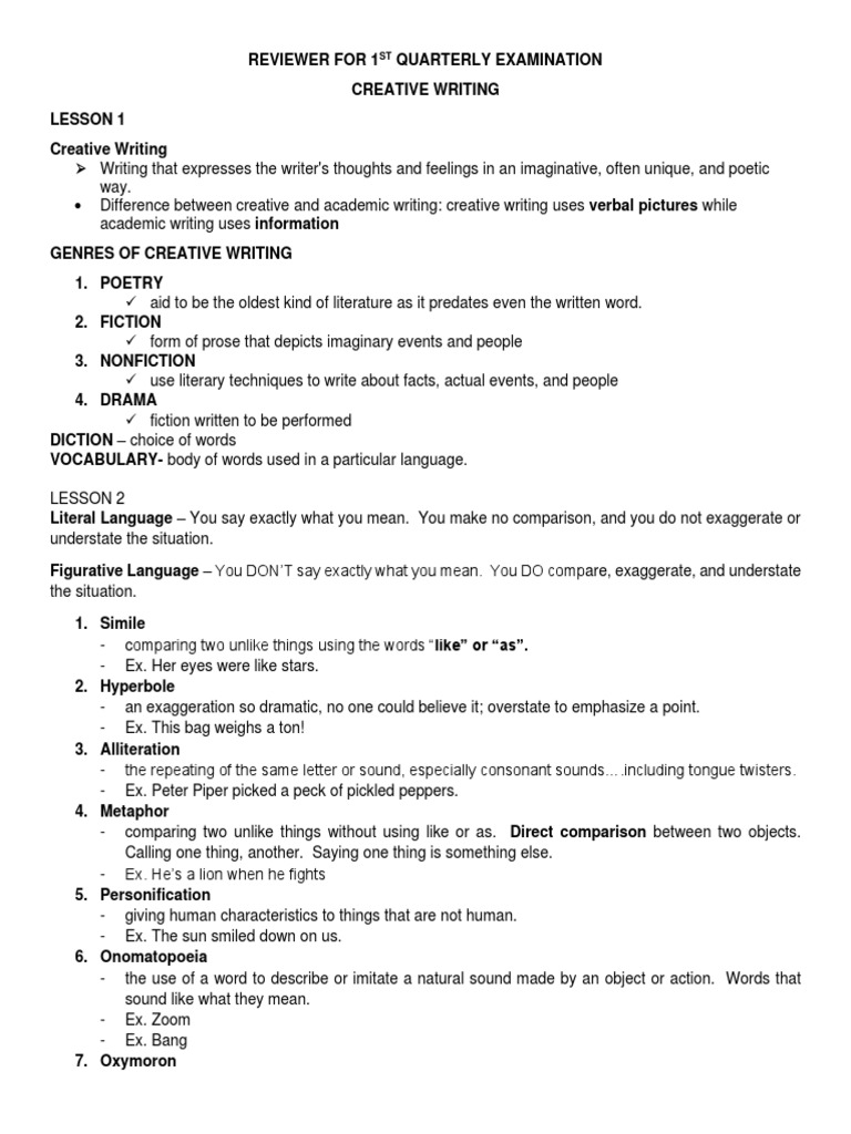 Creative Writing Reviewer For 1ST Quarterly Examination | PDF | Poetry | Rhyme