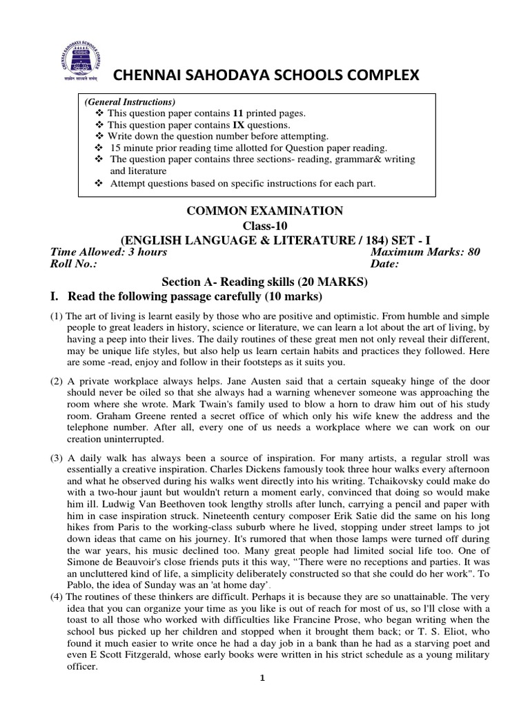 Class 10 English Sample Paper Set I | PDF | Adolescence | Greed
