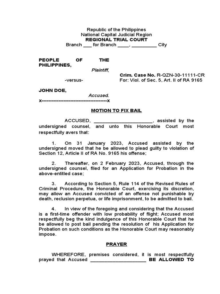 Motion To Fix Bail | PDF | Bail | Probation