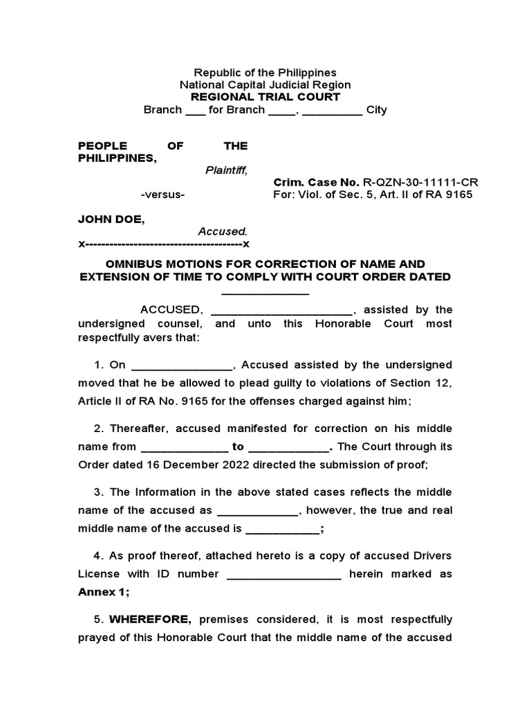 Omnibus Motion Change of Name and Extension To Comply | Download Free PDF | Common Law | Justice