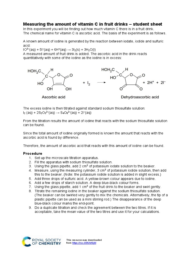 Measuring The Amount of Vitamin C in Fruit Drinks Student Sheet ...